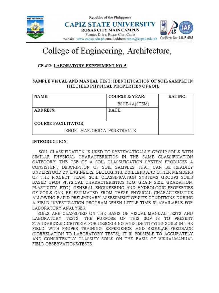 Lab Exp. No. 5 Format | PDF | Experiment | Soil