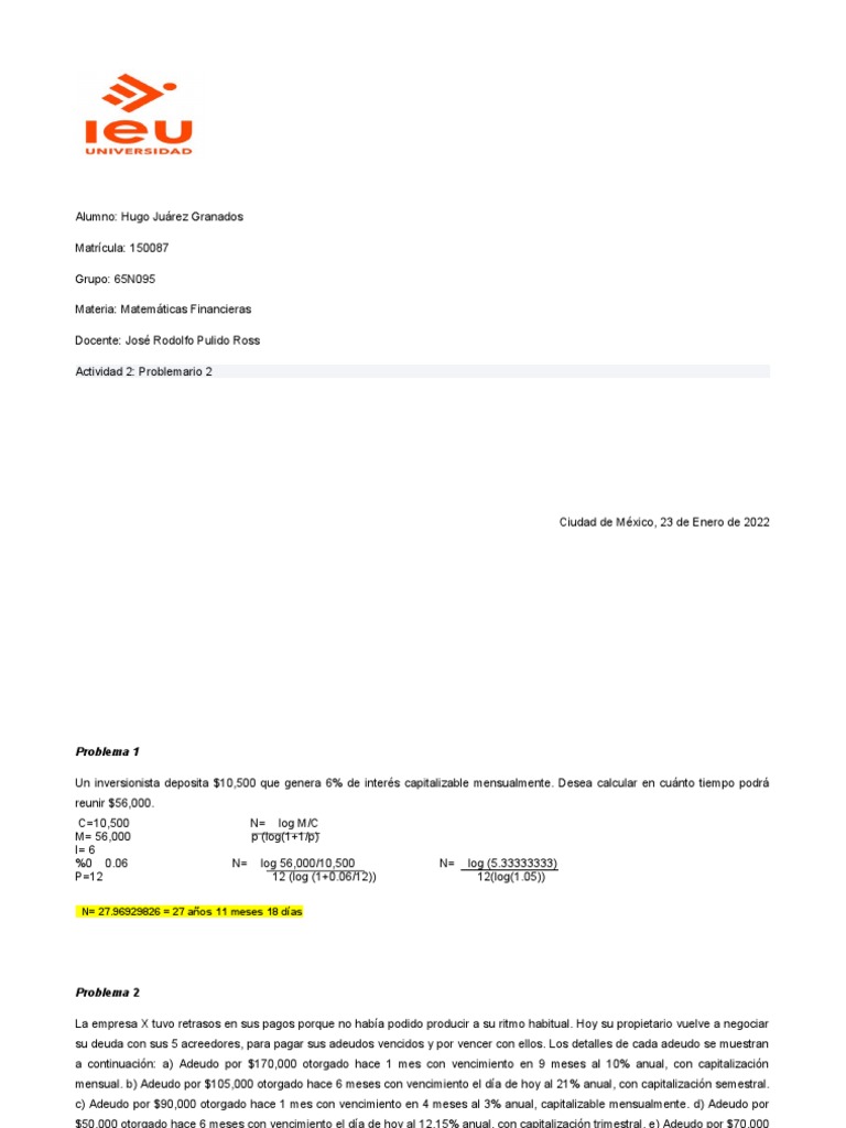 Actividad 2 Matematicas Financieras | PDF | Crédito | Finanzas y ...
