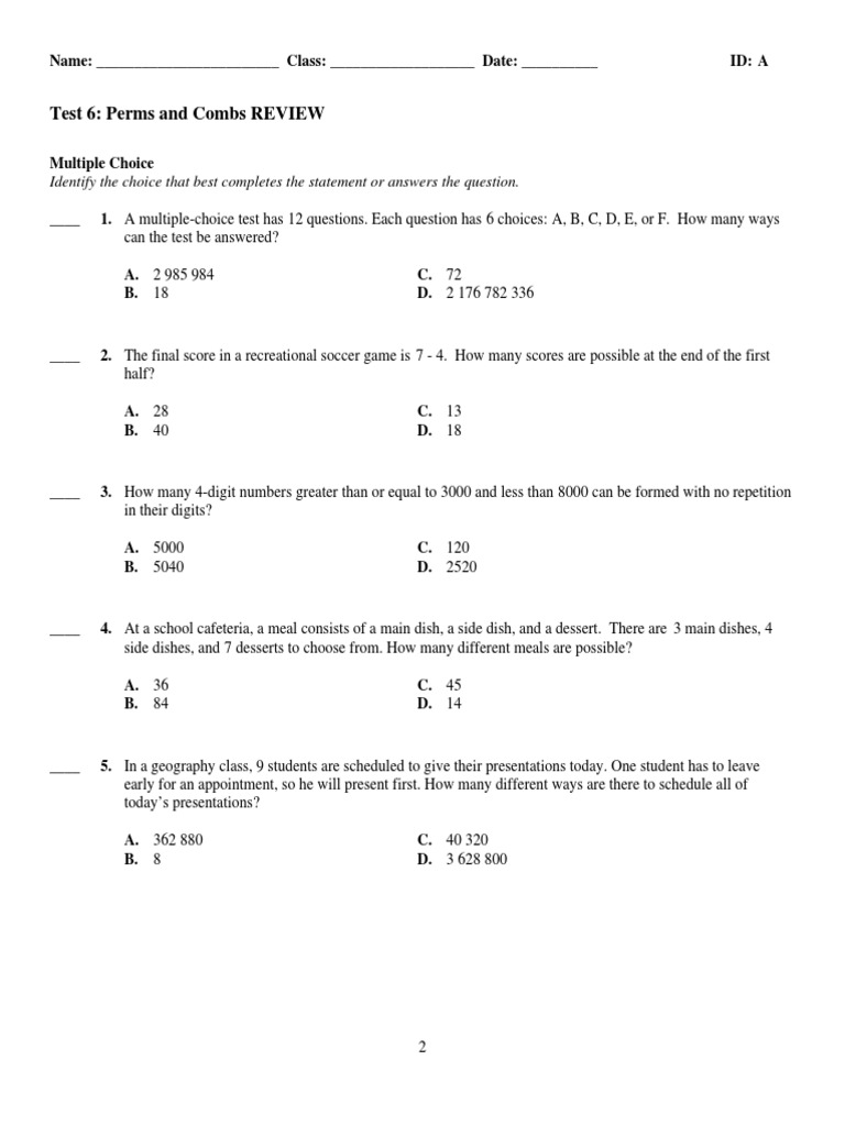 Perms and Combs Test1 | PDF | Permutation | Procedural Knowledge