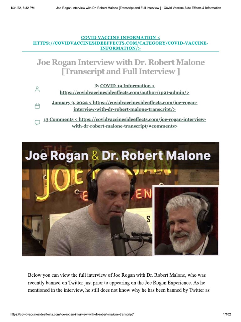 Joe Rogan Interview With Dr. Robert Malone (Transcript and Full ...