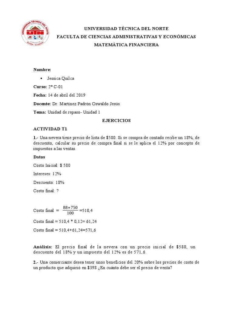 Actividad T1 Matematica Financiera - Ejercicios | PDF | Depreciación | Economias