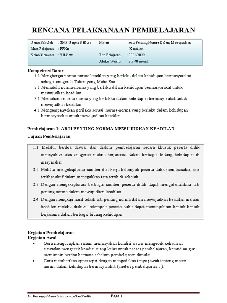 RPP Arti Penting Norma Dalam Mewujudkan Keadilan-Rahayu Lilis ...