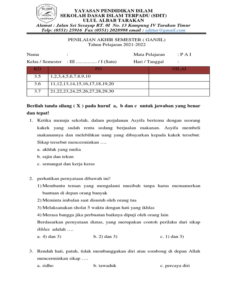 Soal Pas Pai KLS 3 SMT 1 TP 21-22 | PDF | Agama & Spiritualitas