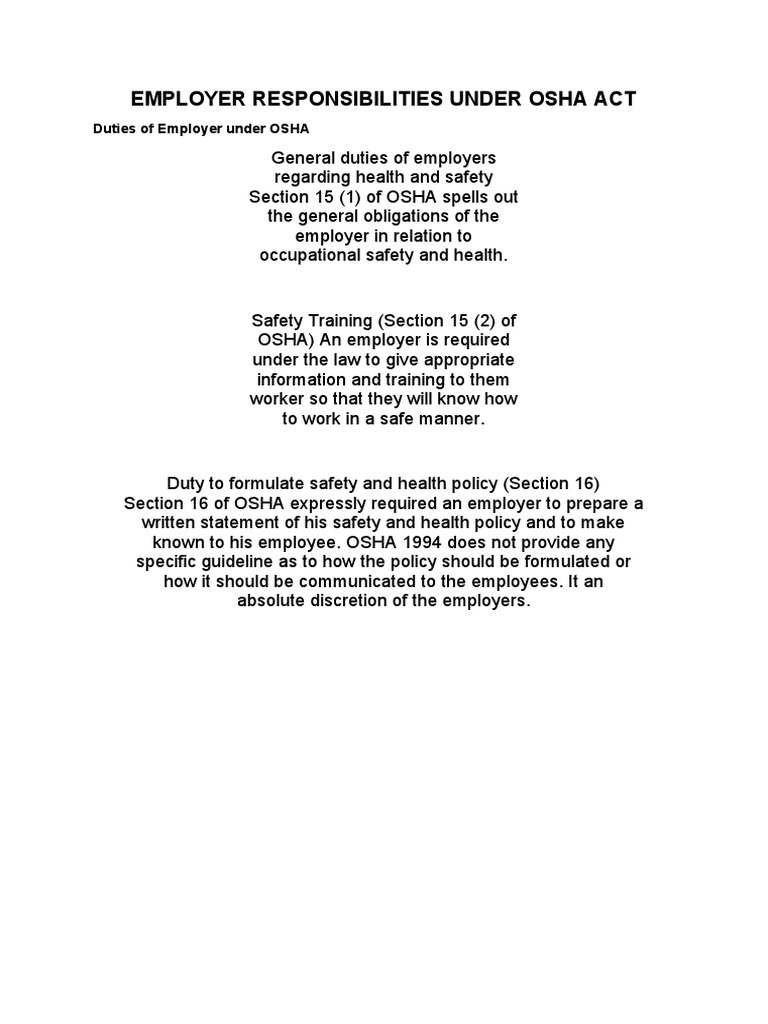 Employer Responsibilities Under Osha Act | PDF | Occupational Safety ...