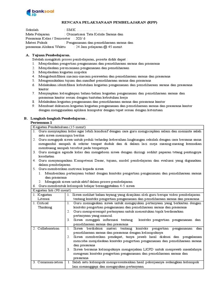 RPP KD 15 Otk Sarpras Kelas Xii SMK Semester Genap Tahun 2021 2022 Bank-Soal - Id | PDF
