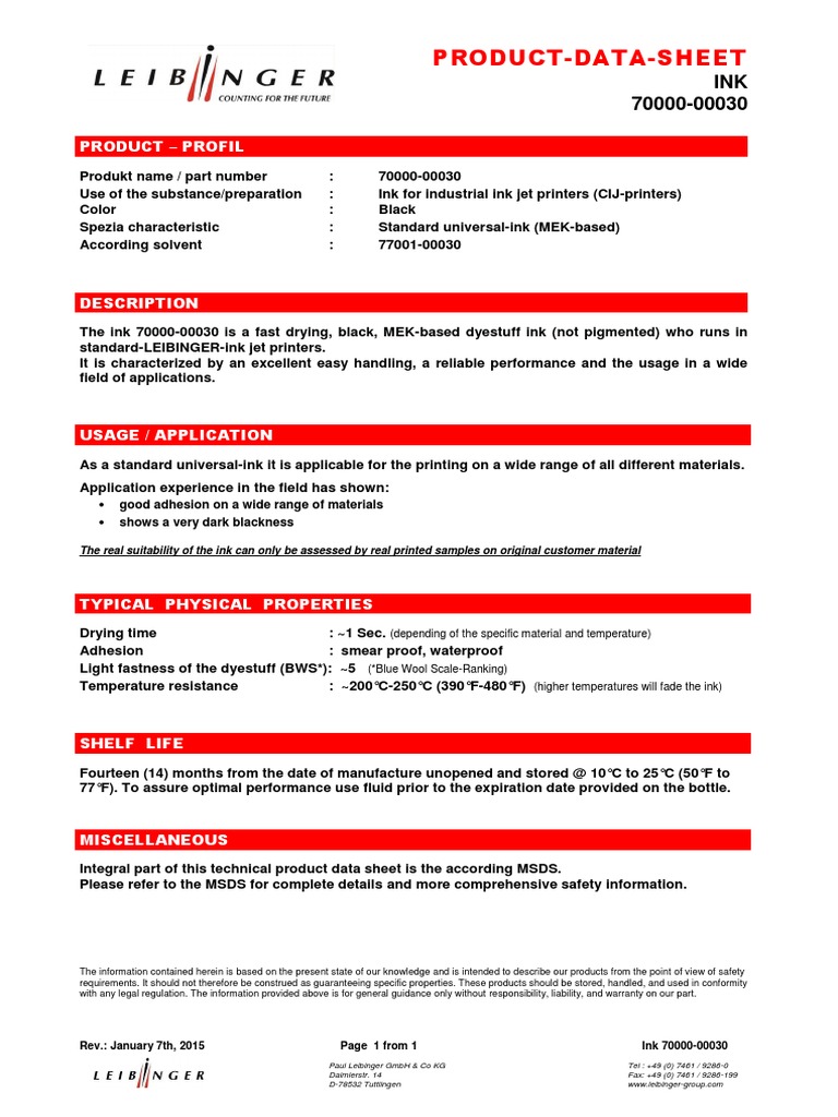 Leibinger Ink 70000-00030 Data Sheet | PDF | Ink | Shelf Life