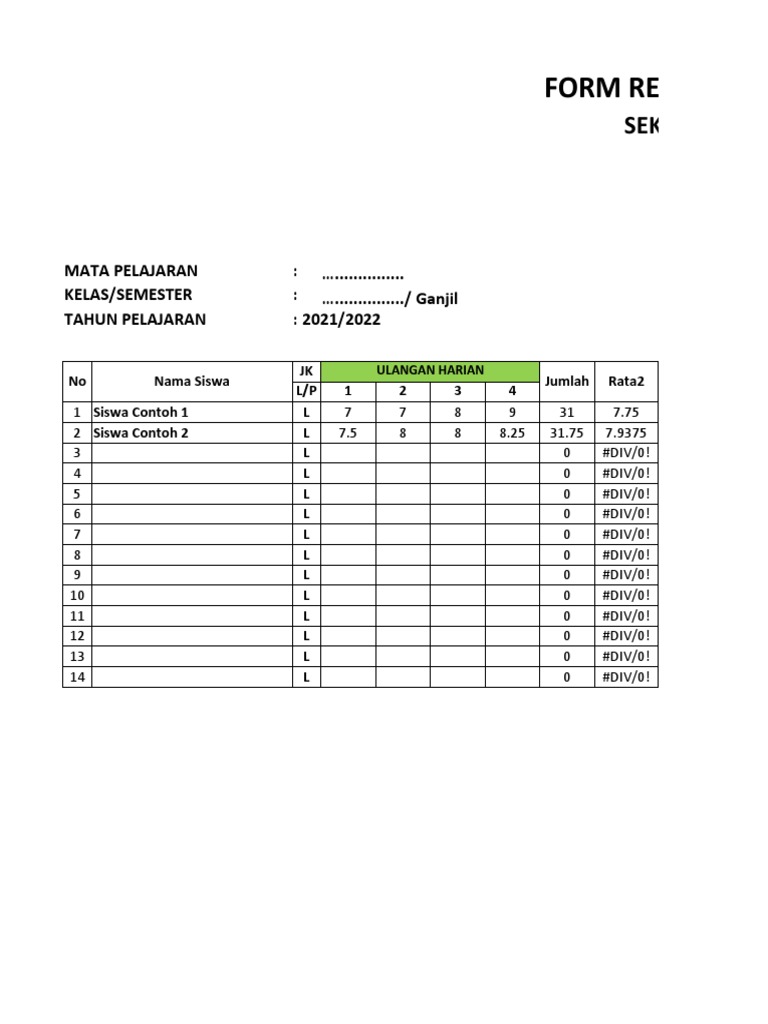 Form Rekapitulasi Nilai Siswa | PDF