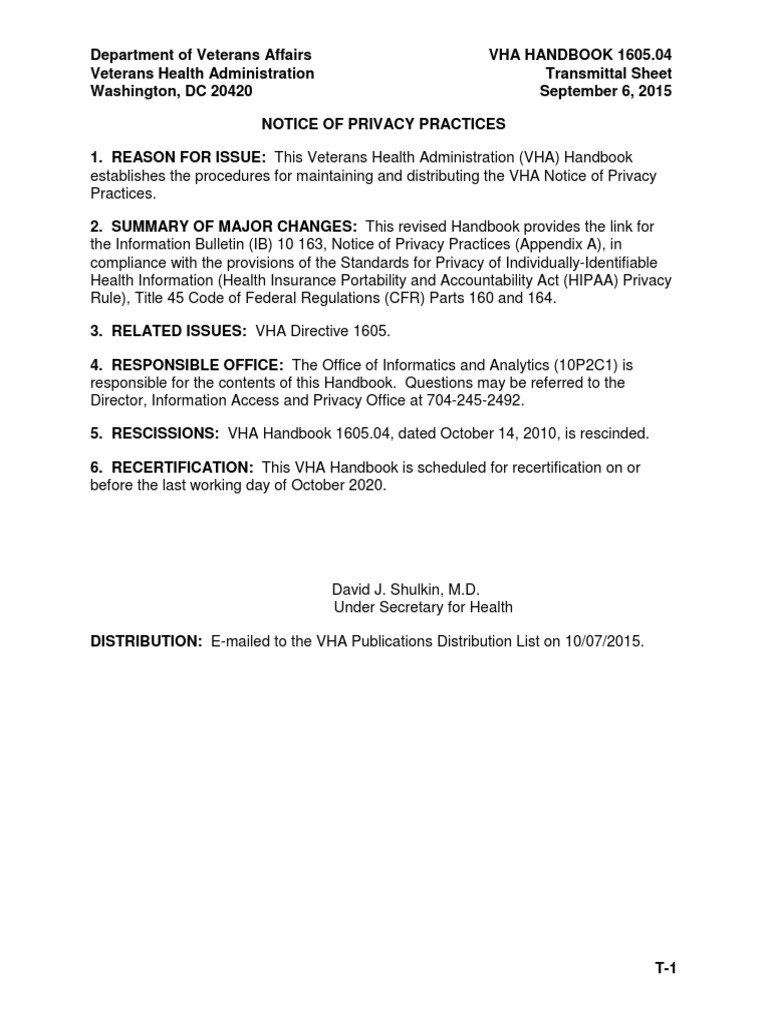 VHA Handbook 1605.04 Notice of Privacy Practices | PDF | Veterans ...