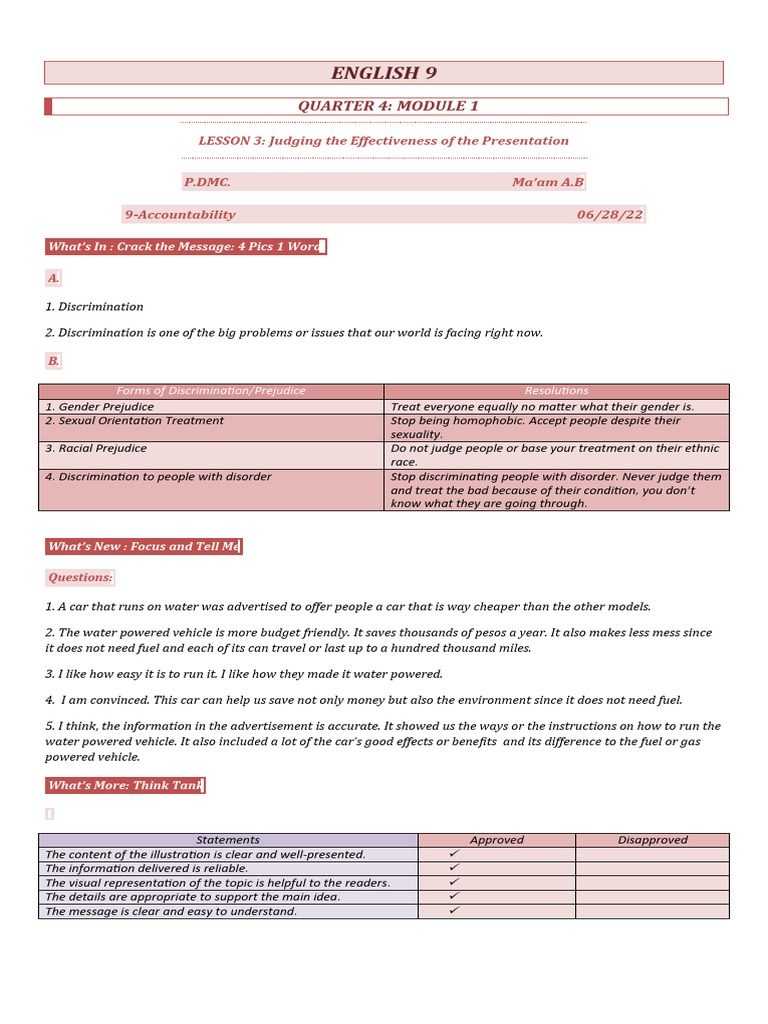 English 9 - Quarter 4 Module 1 Answer Key | PDF | Discrimination | Thought