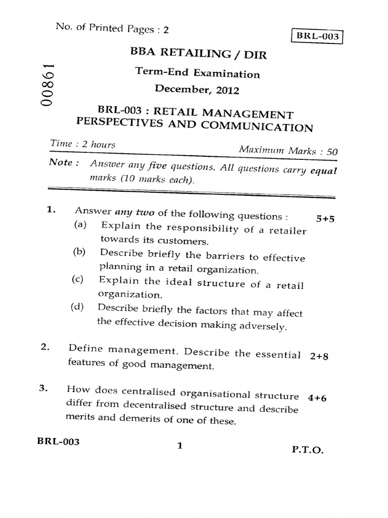 Retail Management Perspectives and Communication: Term-End Examination for BRL-003 | PDF
