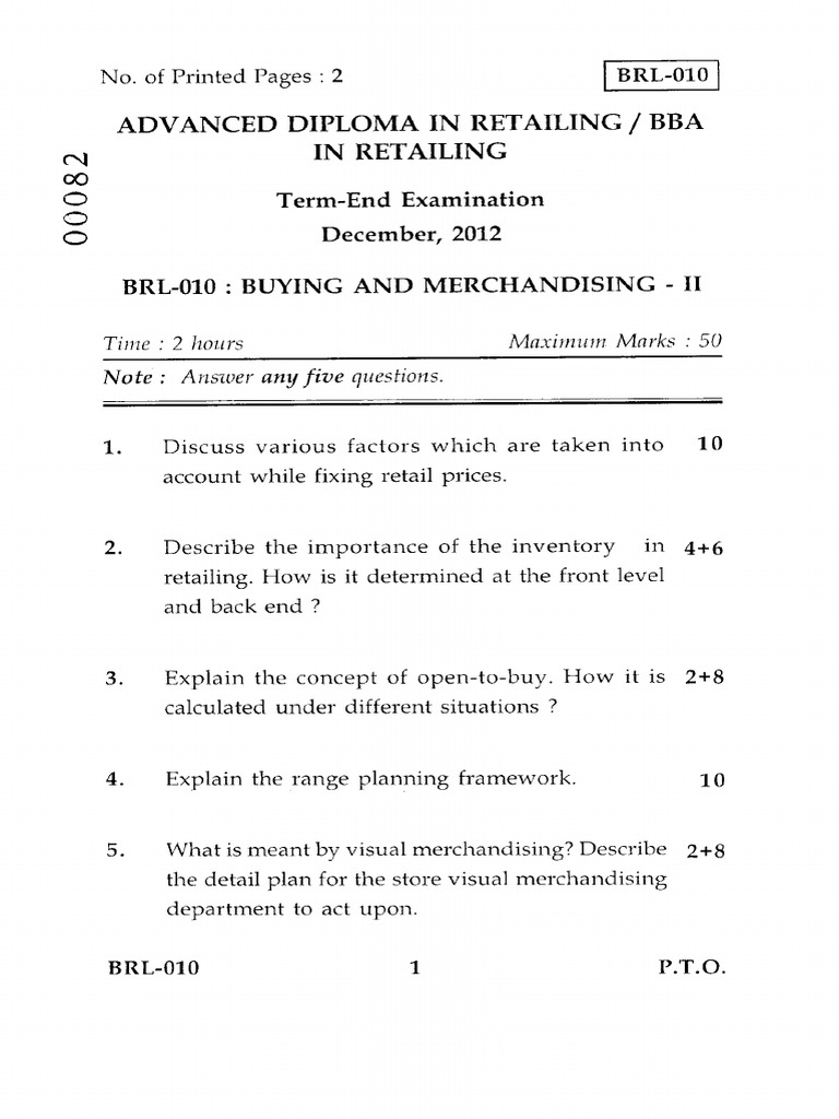 Advanced Diploma in Retailing / Bba in Retailing 00 Term-End Examination 0 December, 2012 Brl ...