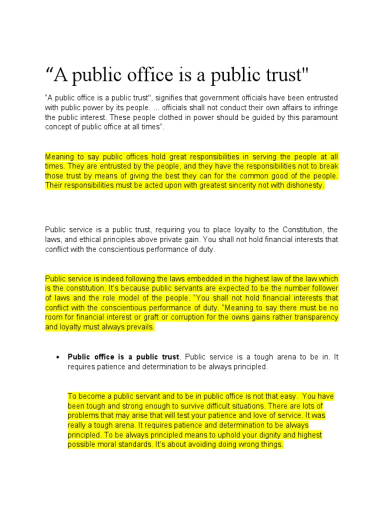 A Public Office Is A Public Trust | PDF | Integrity | Loyalty
