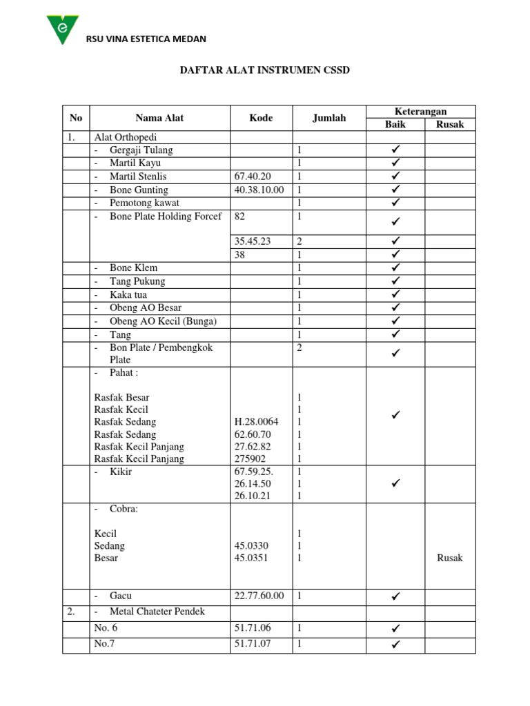 Daftar Alat Instrumen CSSD | PDF