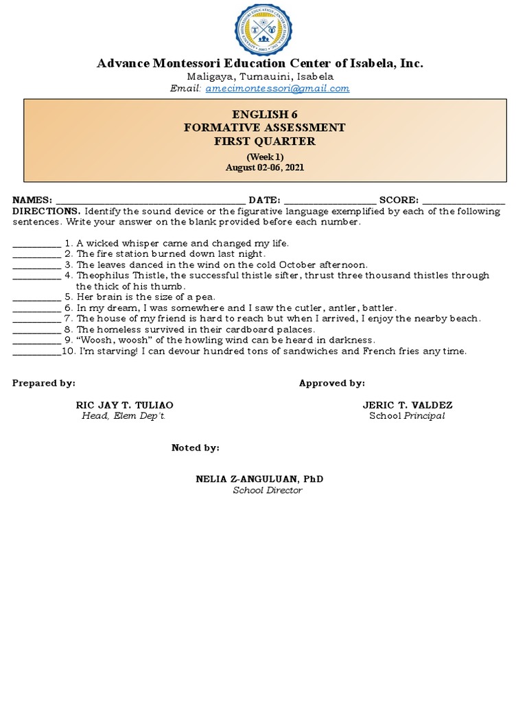 English 6 Formative Assessment Guide | PDF | Linguistics | Cognitive ...