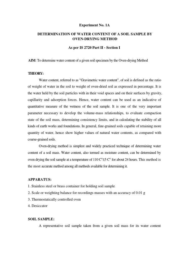Experiment No. 1A Determination of Water Content of A Soil Sample by ...