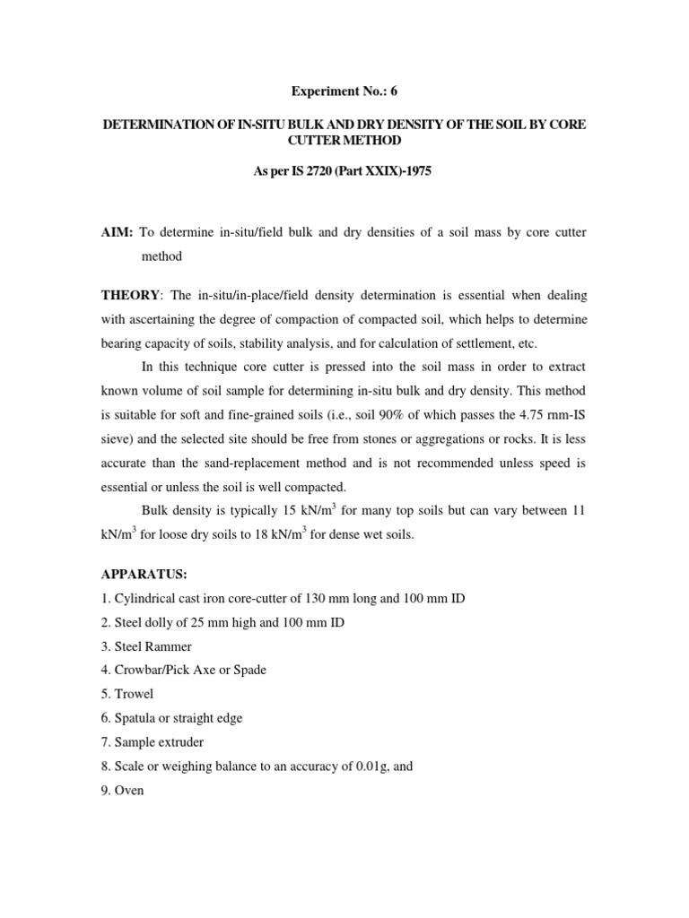 Core Cutter Method for Soil Density Testing | PDF | Density | Soil