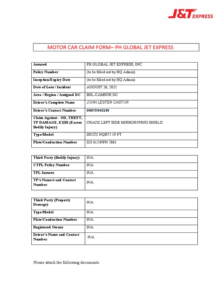 Motor Car Claim Form | PDF