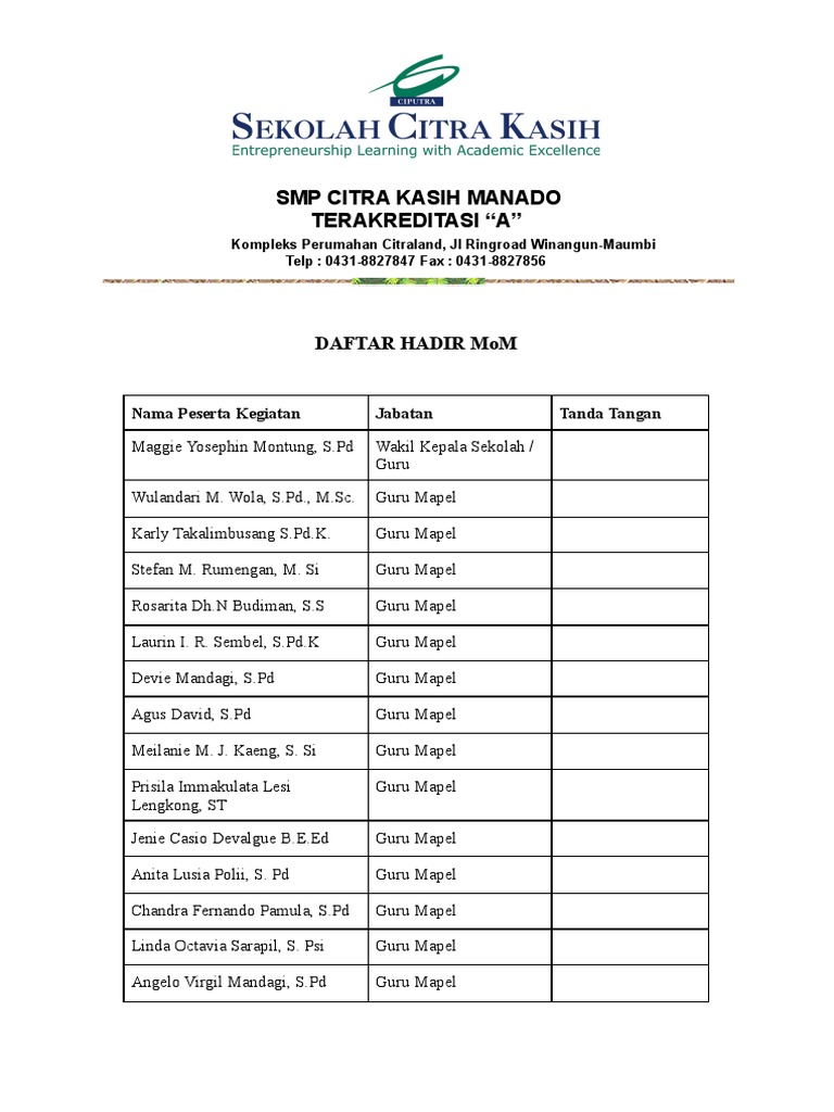 Daftar Hadir Guru SMP Citra Kasih | PDF