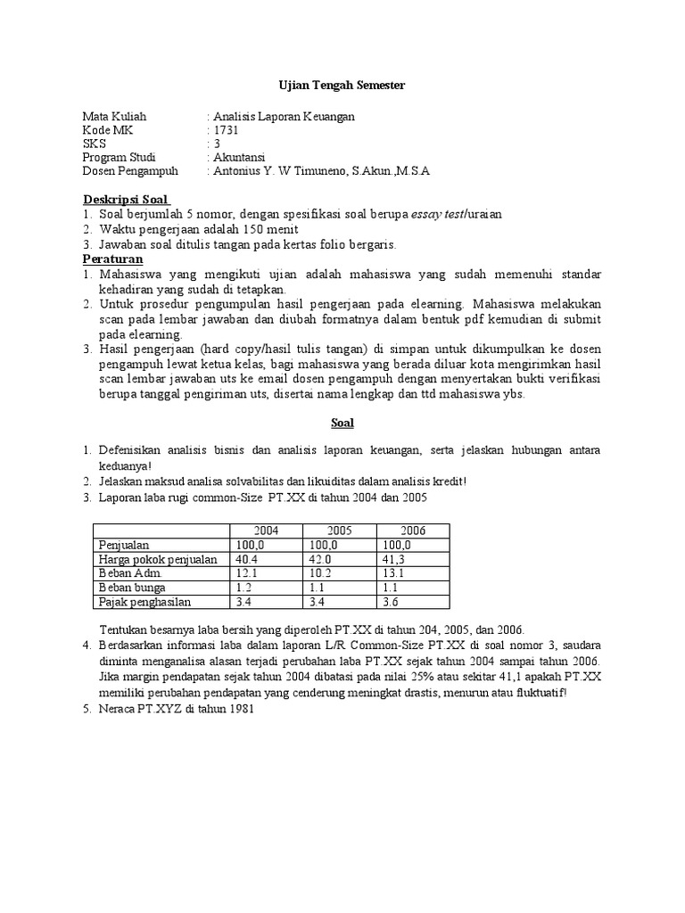 Soal UTS Analisis Laporan Keuangan | PDF | Bisnis