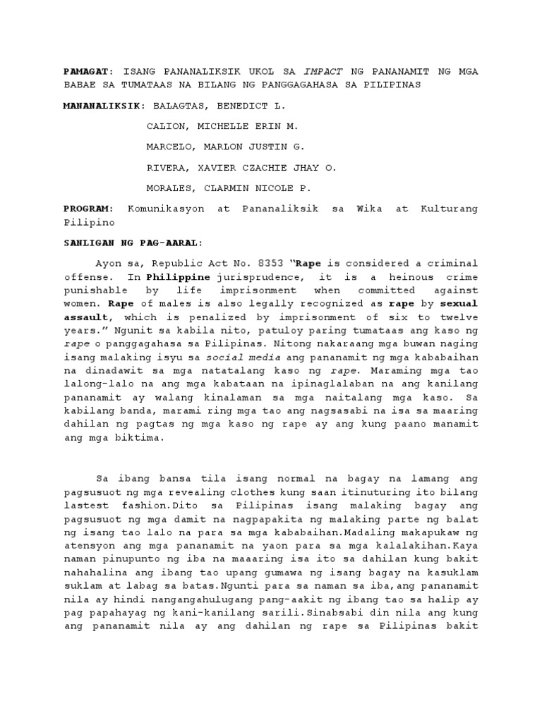 Isang Pananaliksik Ukol Sa Impact NG Pananamit NG Mga Babae Sa Tumataas ...