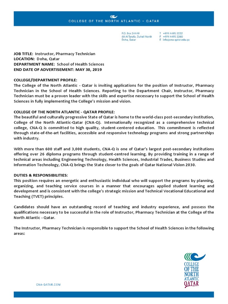 Pharmacy Technician Instructor Job in Qatar | PDF | Academic Degree ...