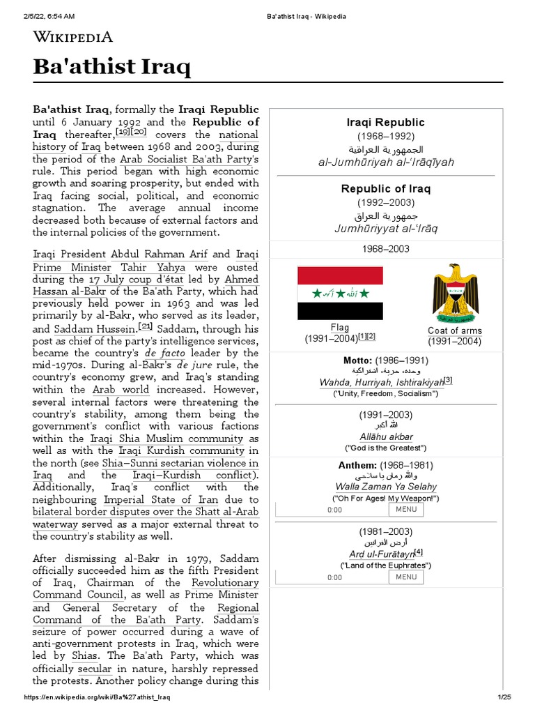 Ba'athist Iraq - Wikipedia | PDF | Ba'athist Iraq | Saddam Hussein