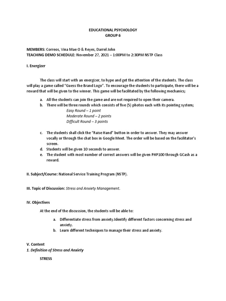 Educational Psychology - Lesson Plan | PDF | Anxiety | Stress (Biology)