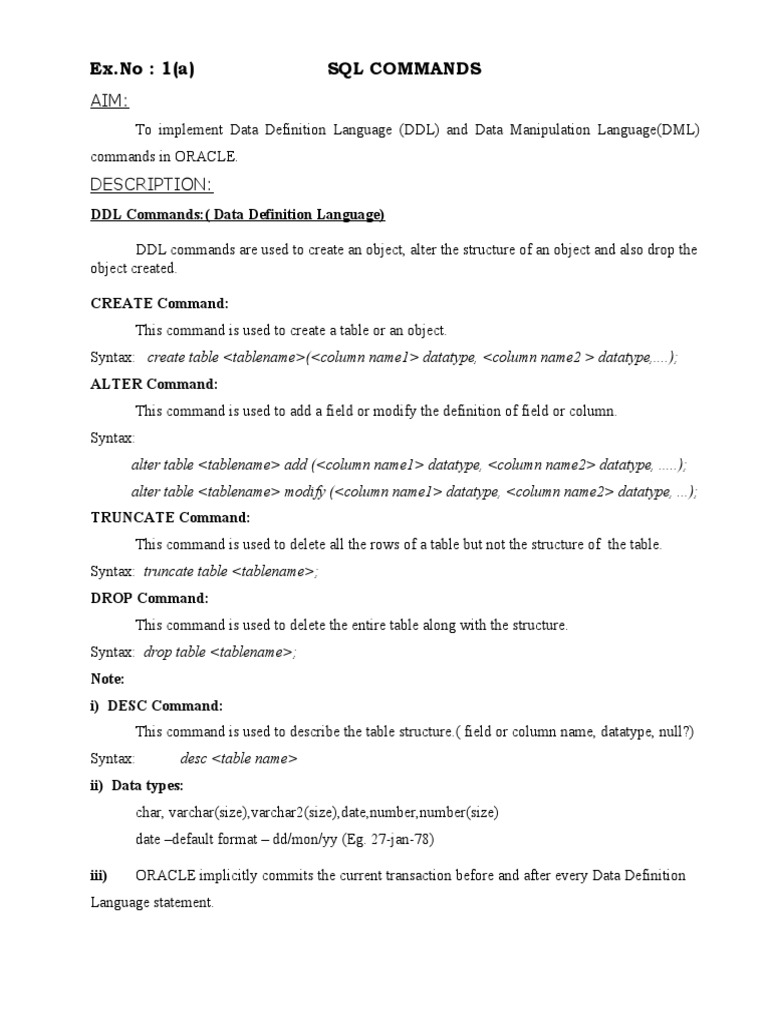 Ex - No: 1 (A) SQL Commands: DDL Commands: (Data Definition Language ... Ex - No: 1 (A) SQL Commands: DDL Commands: (Data Definition Language ...