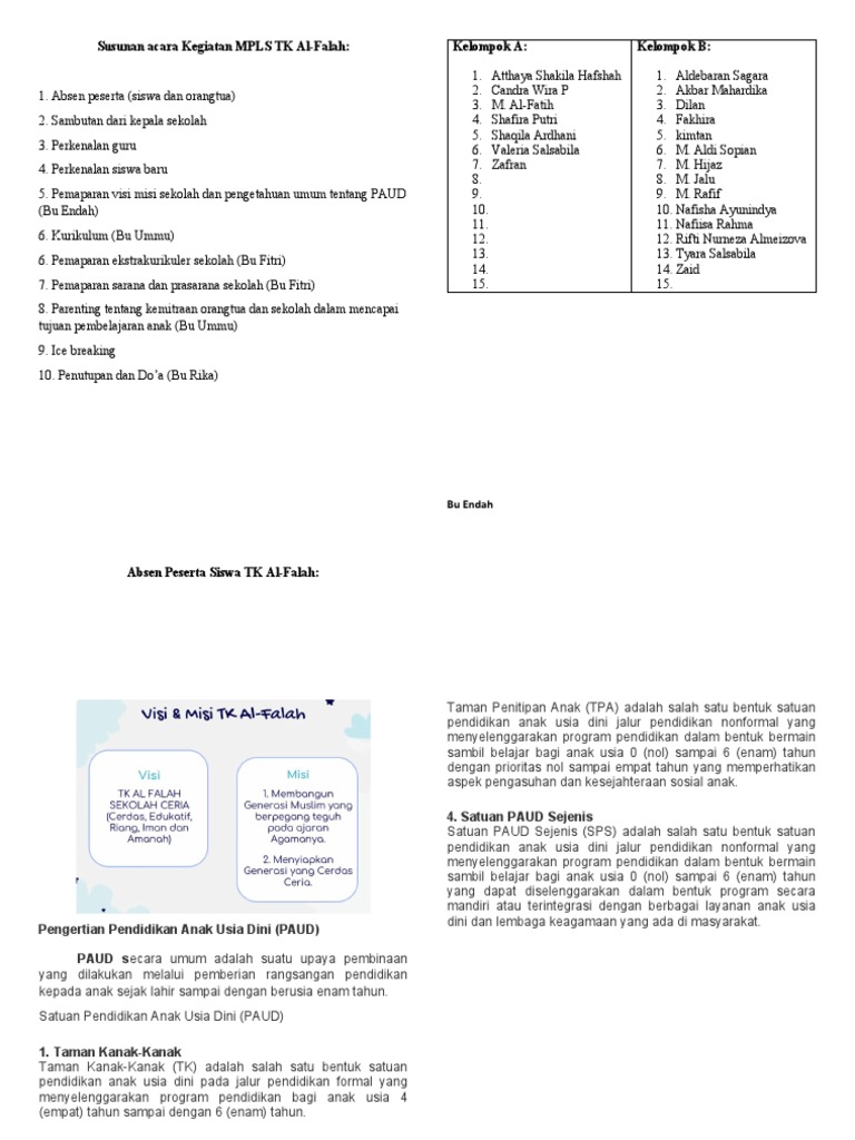 Susunan Acara MPLS TK Al-Falah | PDF