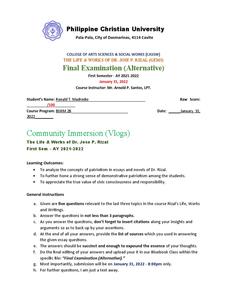 FOR PCU - Alternative Exam RIZAL Final Exam 2022 | PDF