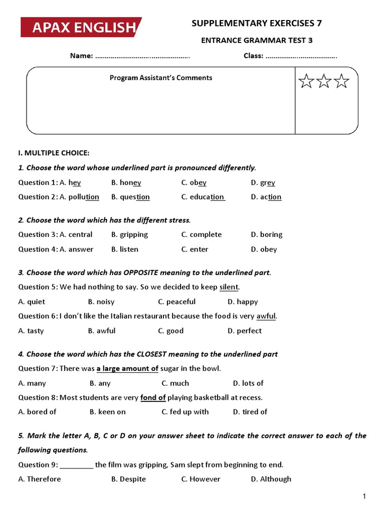 Grade 7 - Entrance Grammar Test 3 (T04 - 06) | PDF | Language Arts ...