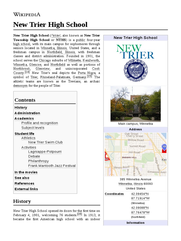 New Trier High School (/ Township High School or NTHS) Is A Public Four ...