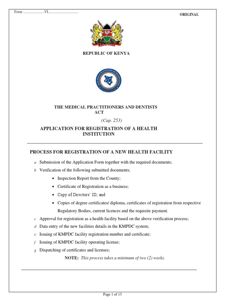 Republic of Kenya: Application For Registration of A Health Institution ...