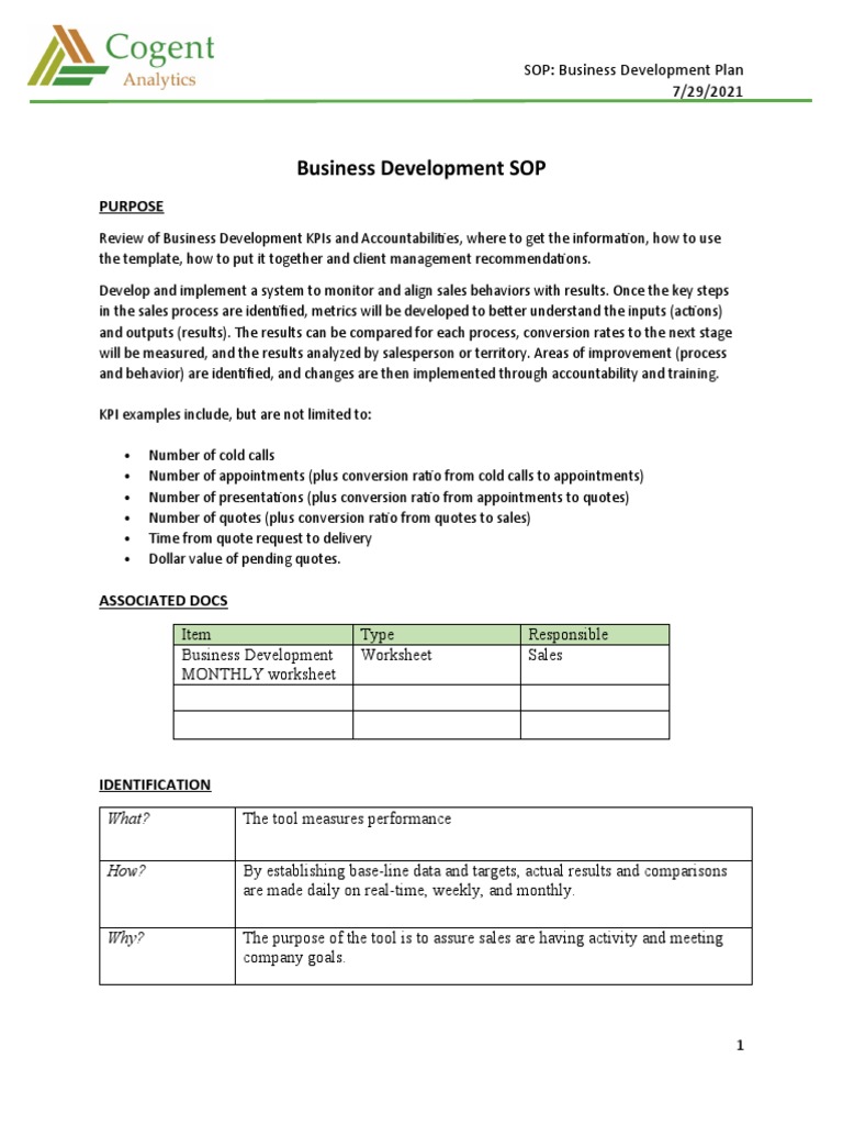 Business Development SOP: Purpose | PDF | Sales | Performance Indicator