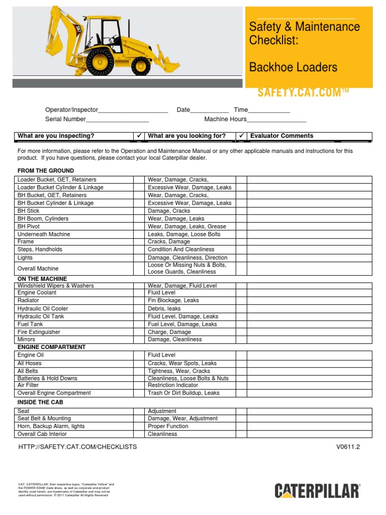 Safety & Maintenance Checklist - Backhoe Loaders V0611 - 2E2 | PDF ...