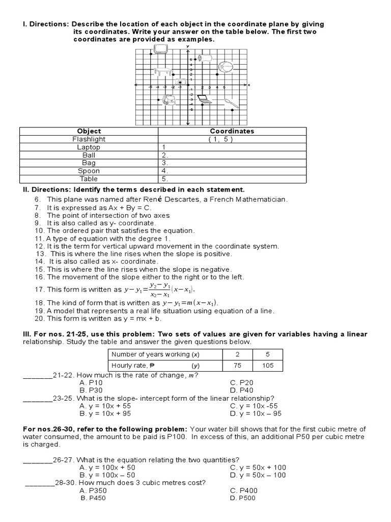 GRADE 8 Review Test | PDF | Equations | Slope