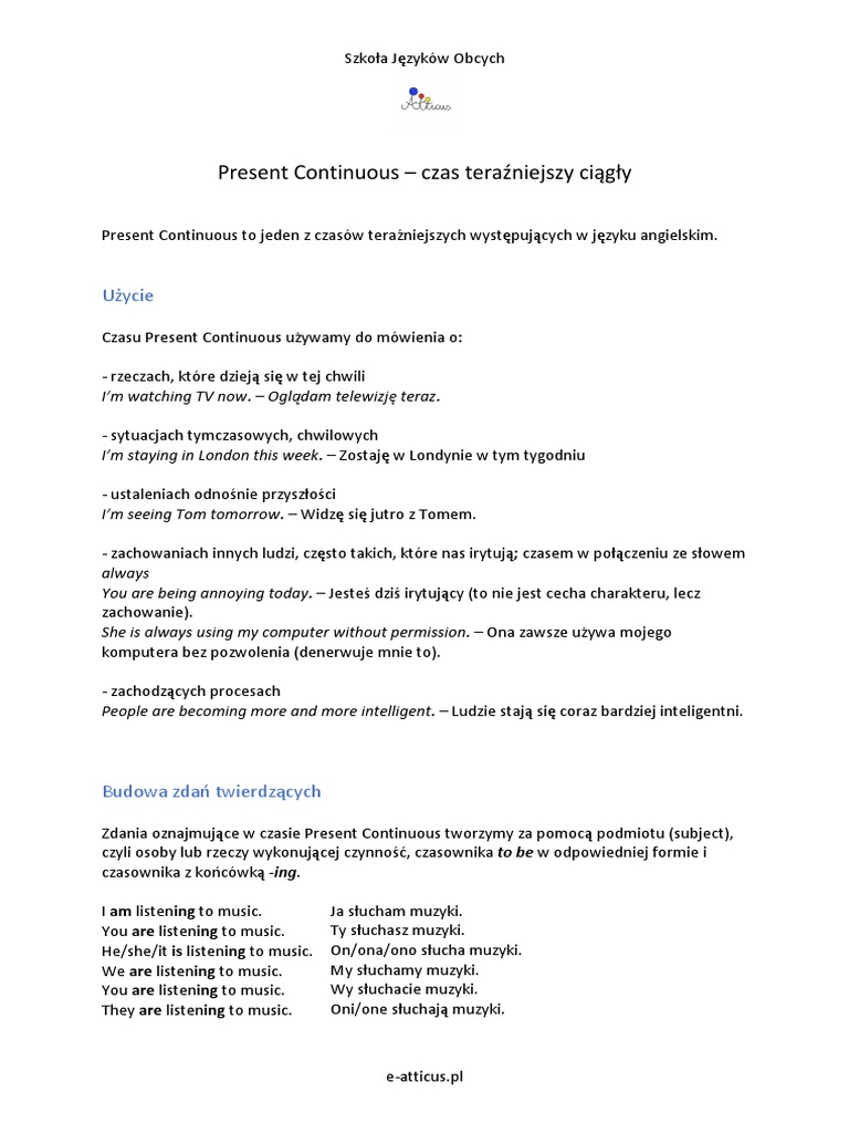 Present Continuous Budowa Użycie Ćwiczenia PDF | PDF