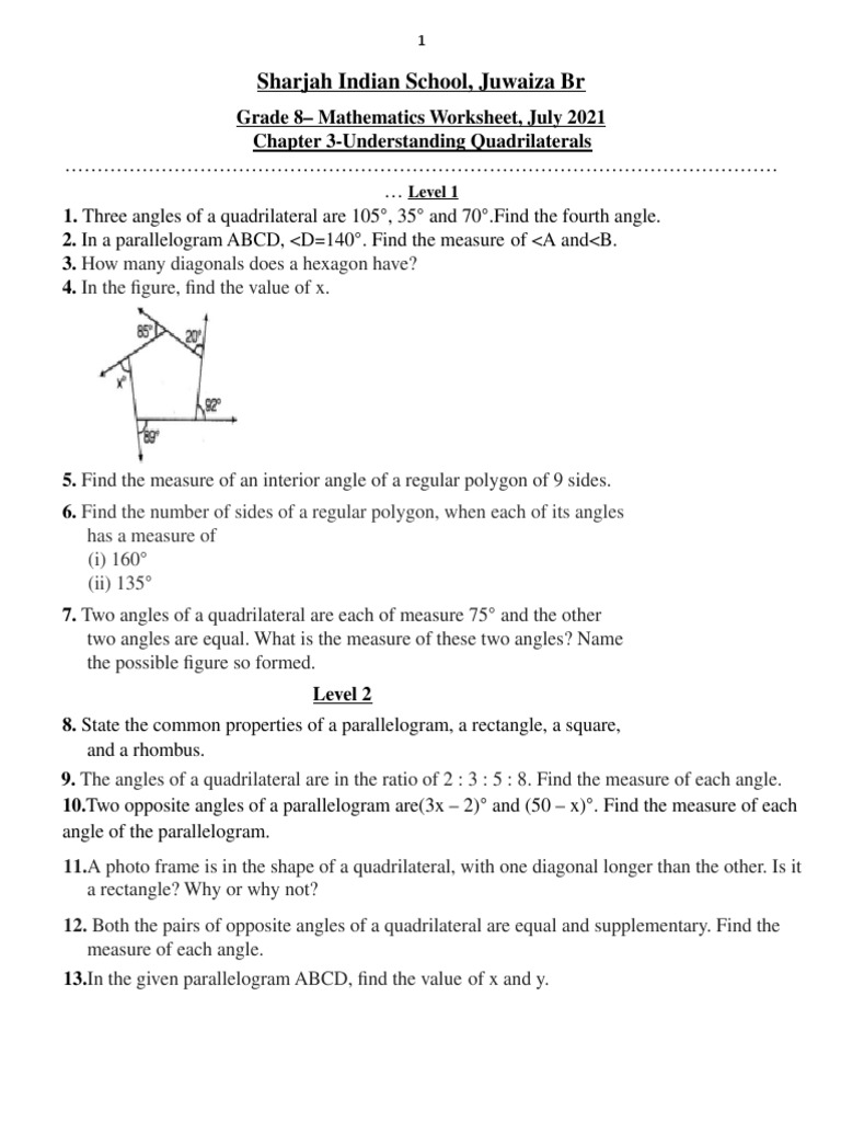 Class 8 Quadrilaterals Worksheet | PDF