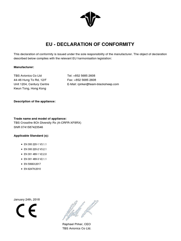 Eu - Declaration of Conformity: Manufacturer | PDF | Technology & Engineering