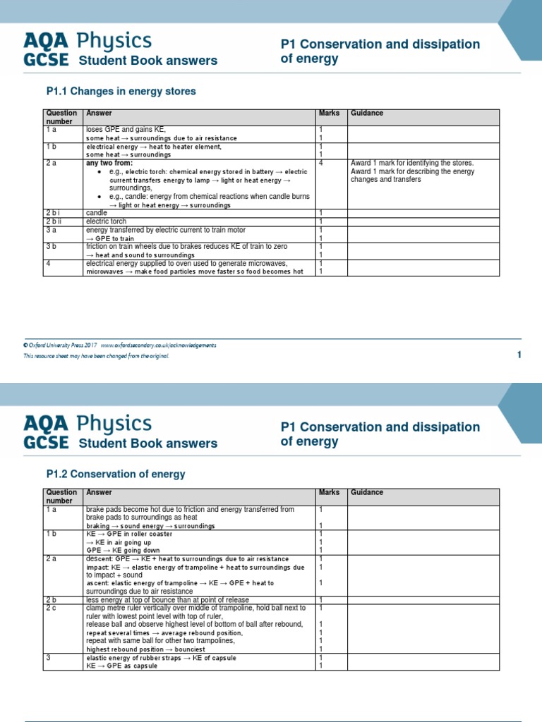 P1 Conservation and Dissipation of Energy Student Book Answers | PDF ...
