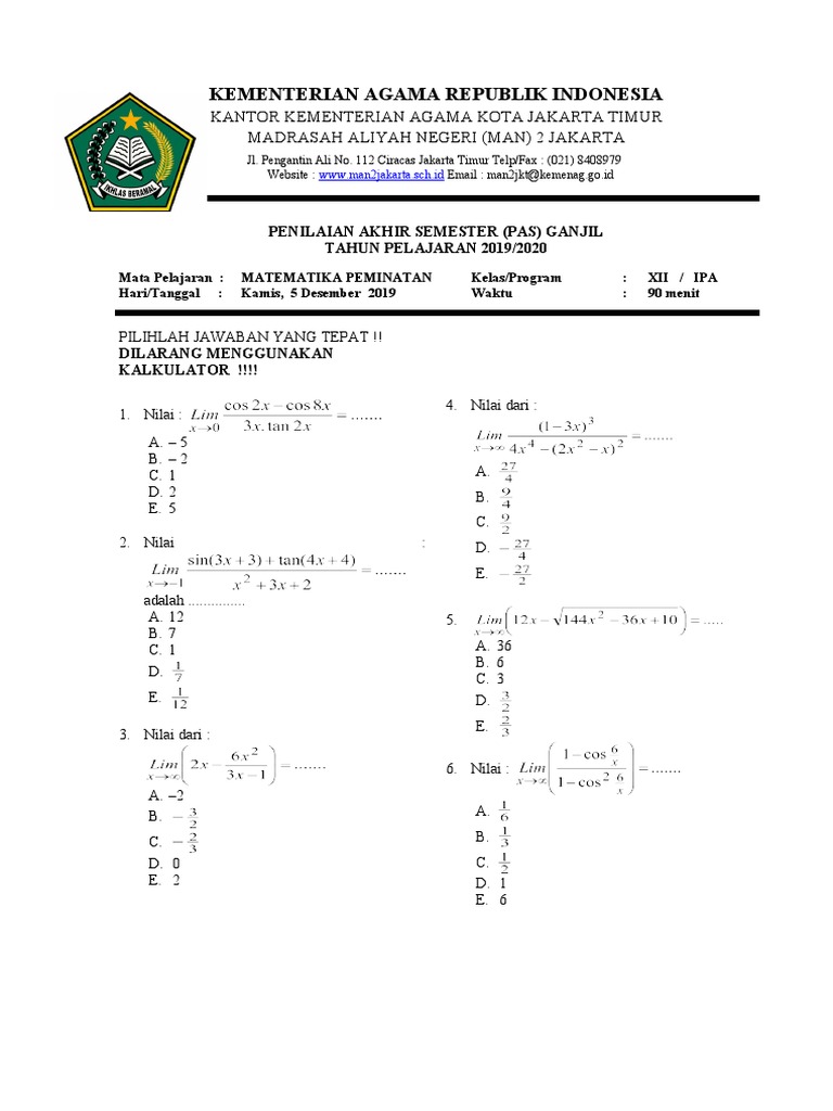 (Joko Sembodo) PAS MTK Peminatan Klas Xii Ipa 1,2, 3 MAN 2 (Des 2019) | PDF