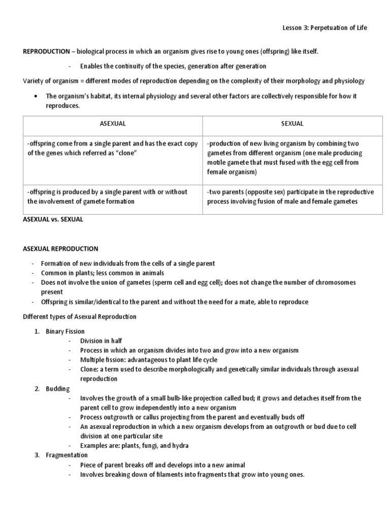 2.3 Lesson Perpetuation of Life | PDF | Sexual Reproduction | Reproduction