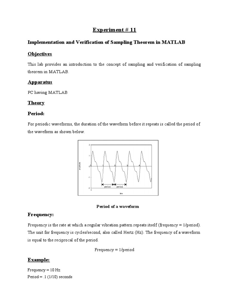 Experiment # 11: Implementation and Verification of Sampling Theorem in MATLAB Objectives | PDF ...