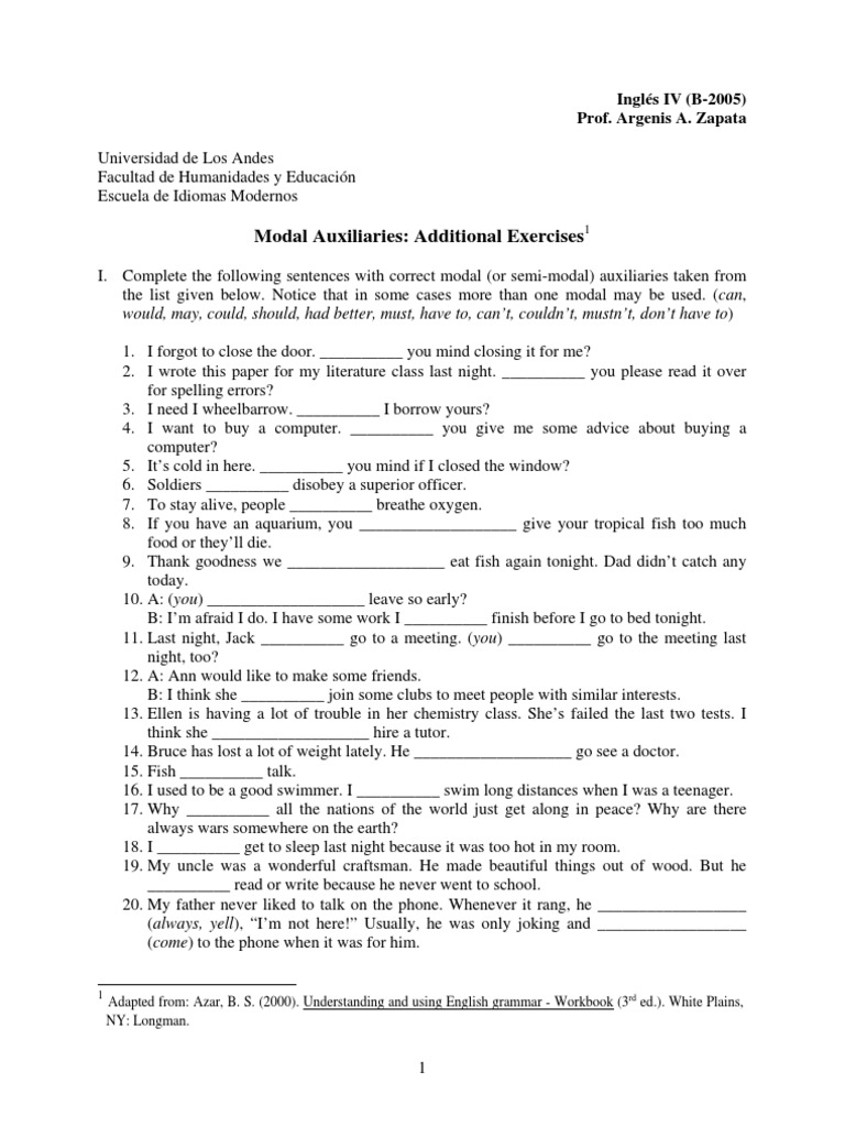 Modal Auxiliaries Additional Exercises | PDF | Leisure