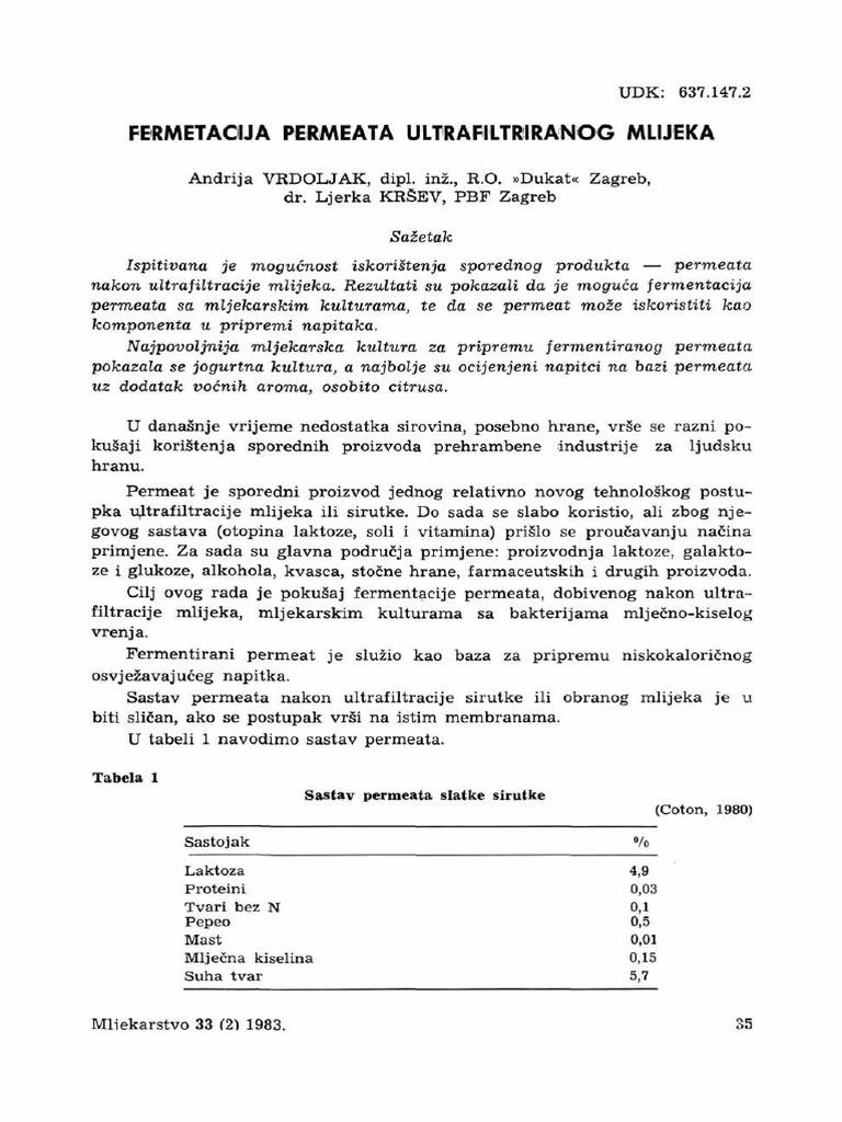 Fermentacija Permeata Mleka | PDF