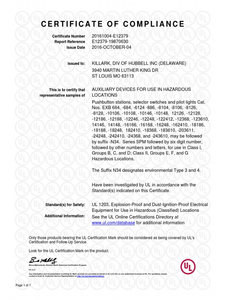 UL Compliance Certificate for Killark Devices | PDF | Manufactured Goods | Safety