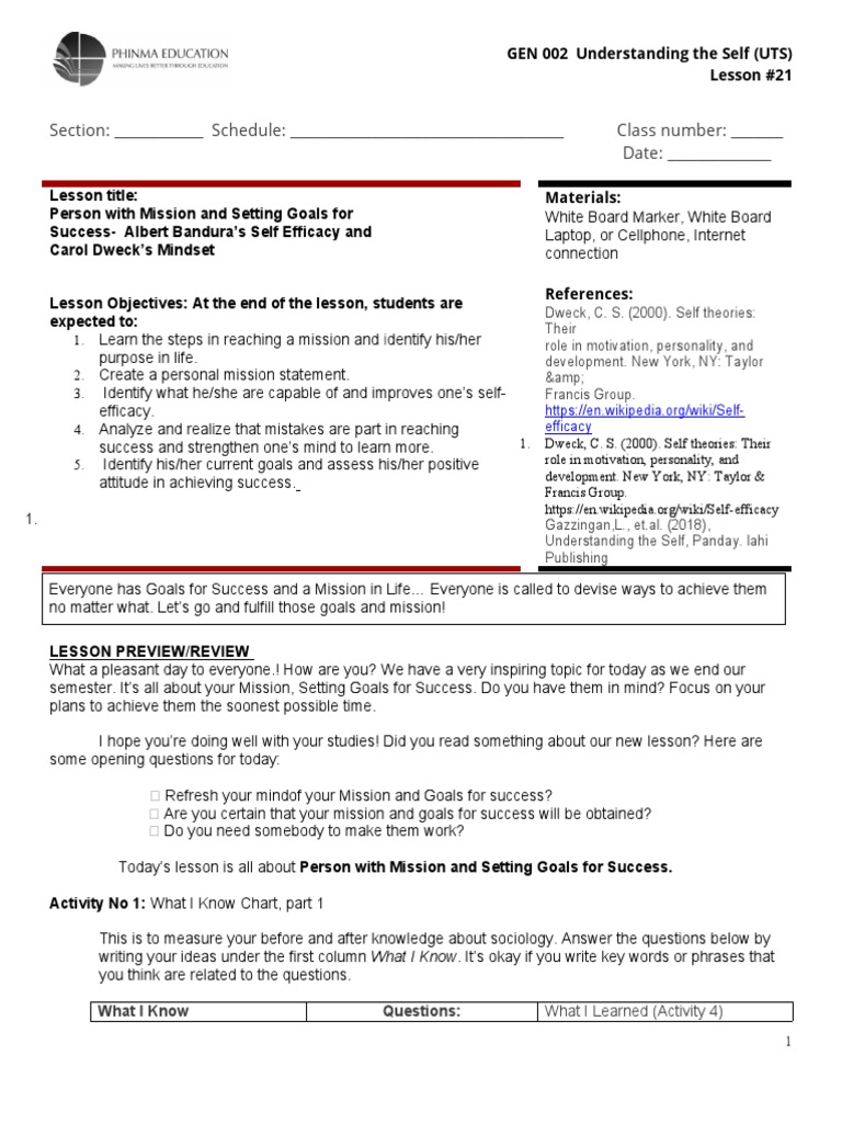 Section: - Schedule: - Class Number: - Date | PDF | Self Efficacy | Goal