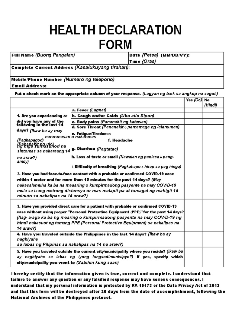 Health Declaration Form: (Buong Pangalan) (Petsa) (Oras) (Kasa/ukuyang ...