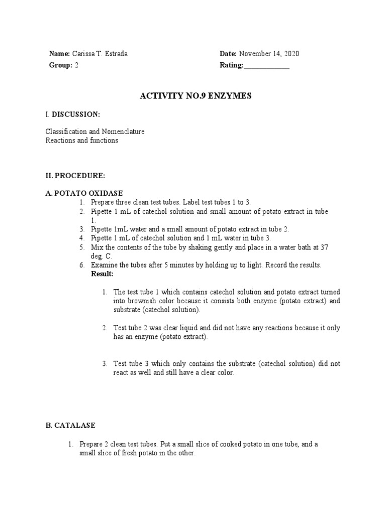 Carissa Estrada Activity No. 9 Enzymes | PDF | Catalase | Enzyme