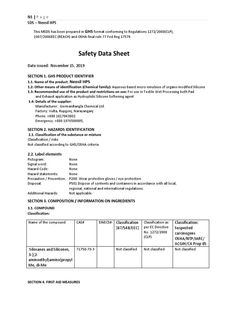 Safety Data Sheet: Section 1. Ghs Product Identifier | Download Free ...